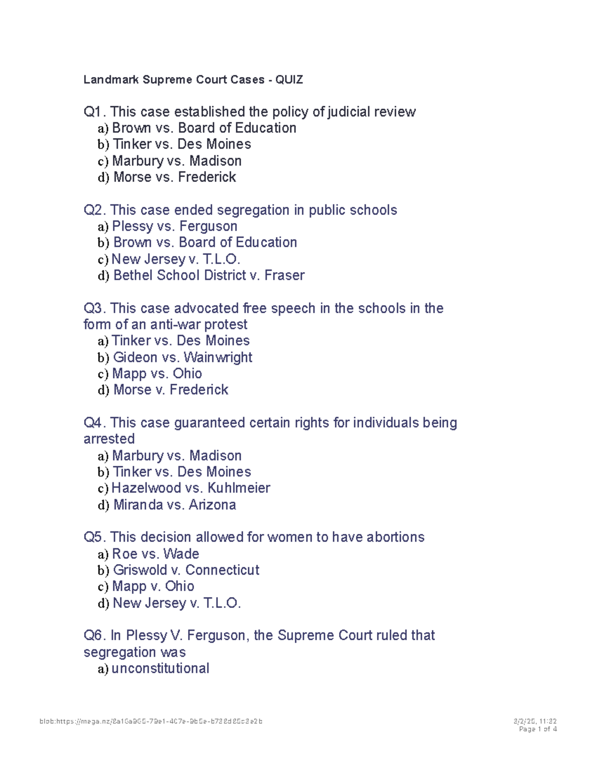 FCLE 2 - Landmark Supreme Court Cases QUIZ Questions - Studocu