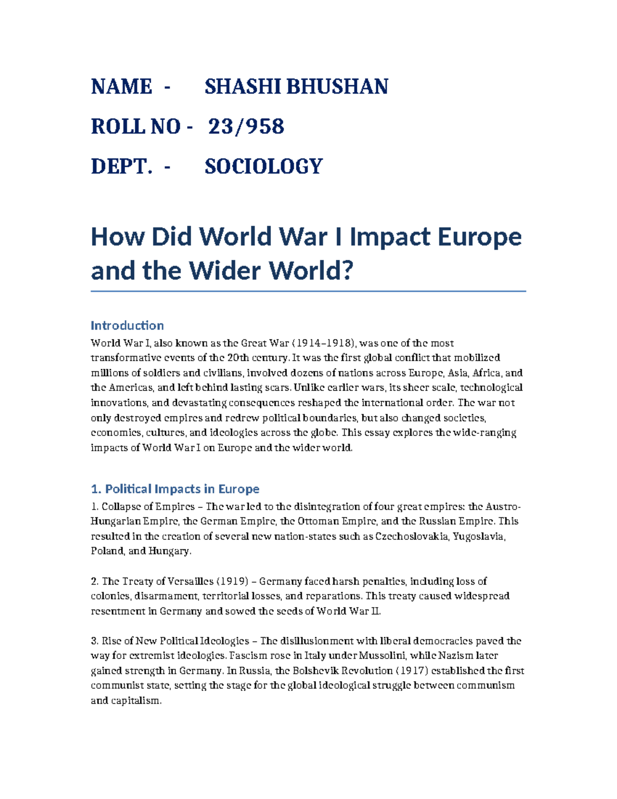 WWI Impact Assignment: Analyzing Global Consequences and Changes - Studocu