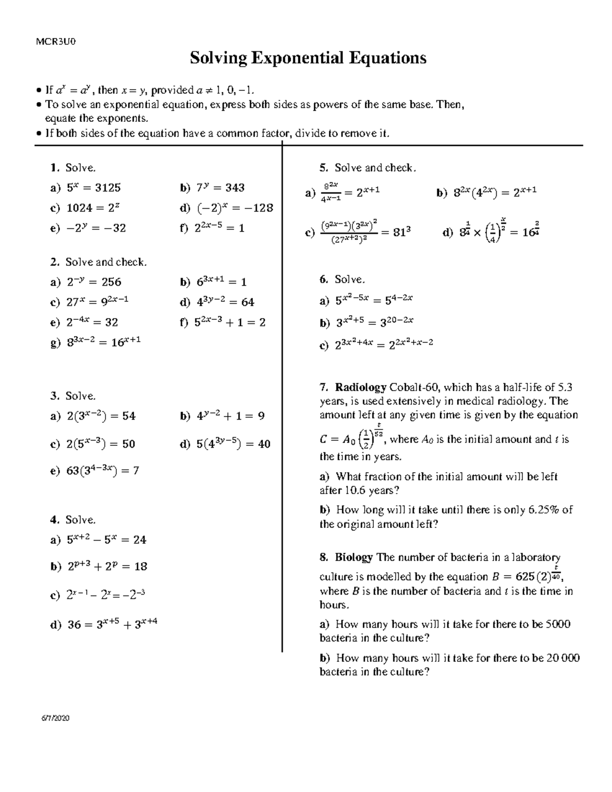 MCR3U0 Final Exam: Solving Exponential Equations Notes - Studocu