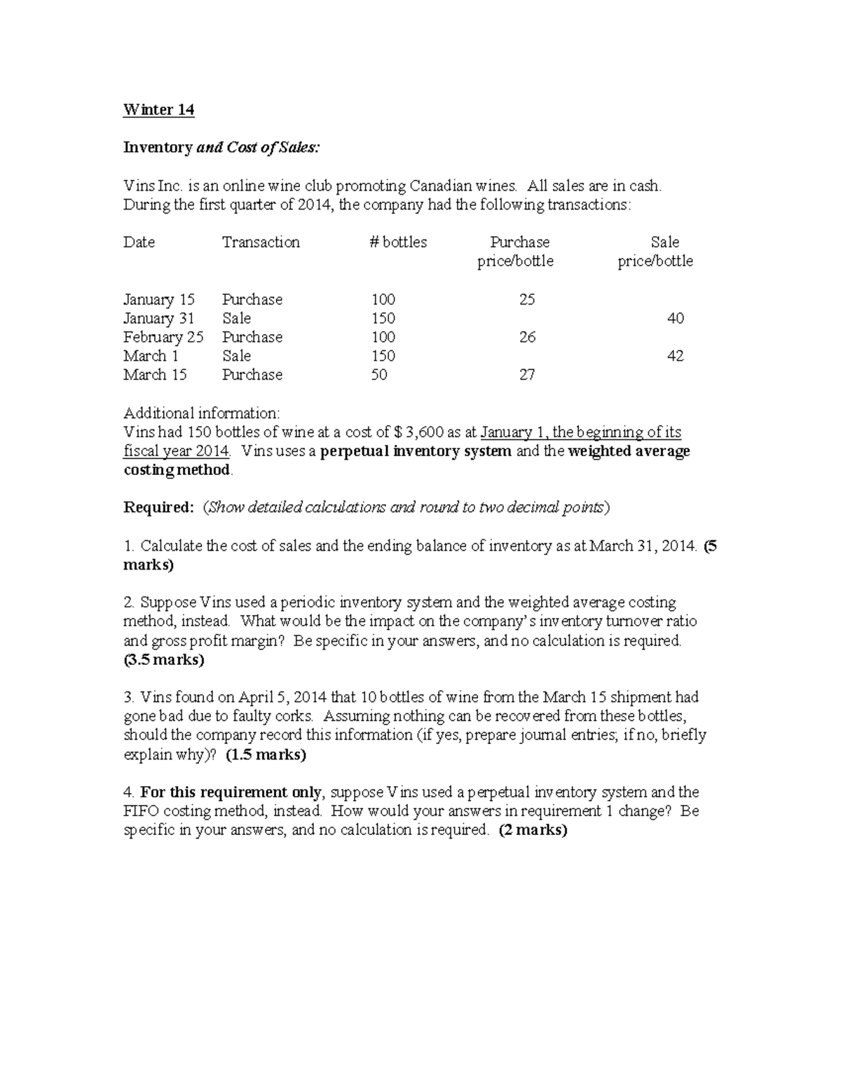 Winter 14 Inventory & Cost of Sales Analysis: Vins Inc. - Studocu