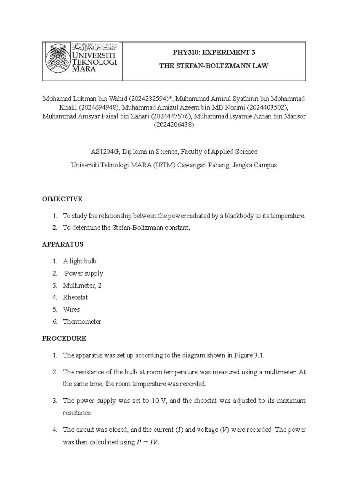 PHY310: Experiment 3 - Investigating Blackbody Radiation Law - Studocu