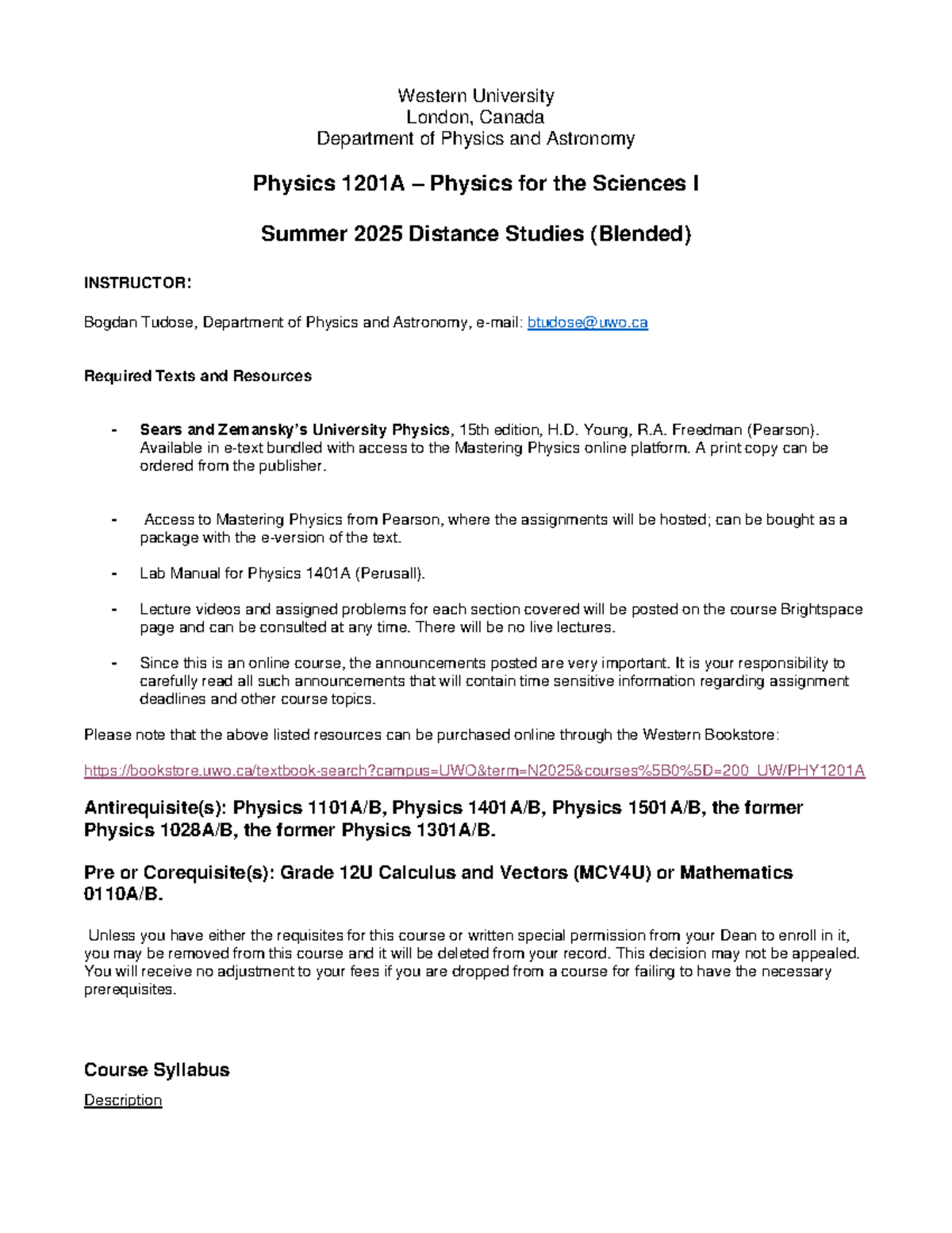 Physics 1201A Syllabus: Physics for the Sciences I - Summer 2025 - Studocu