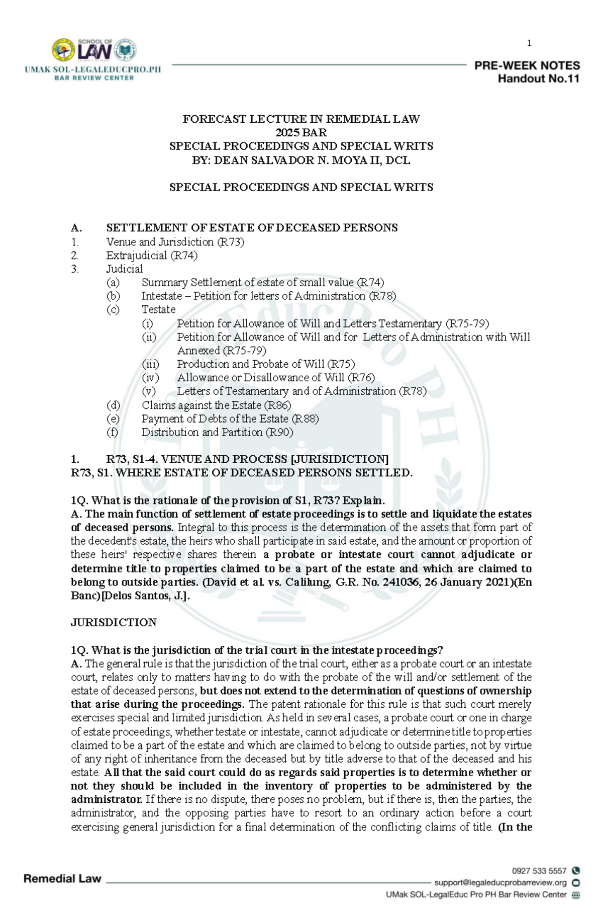 H11 - Special Proceedings and Special Writs Lecture Notes by Dean Moya ...