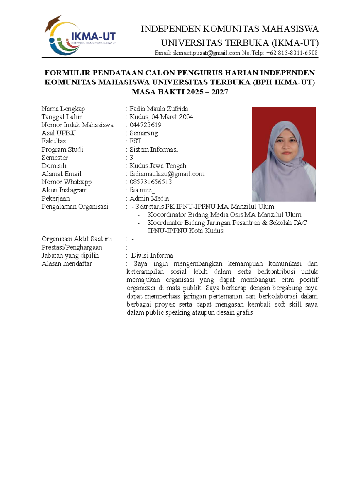 Formulir Pendataan Calon Pengurus BPH IKMA-UT 2025-2027 - Studocu