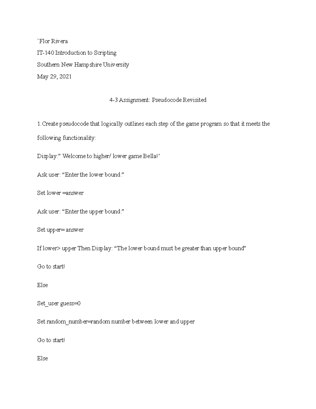 4-3 Assignment Pseucode - `Flor Rivera IT-140 Introduction to Scripting ...