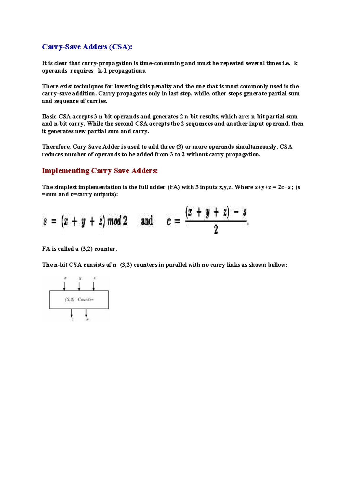 Carry Save Adder - Carry-Save Adders (CSA): It is clear that carry ...