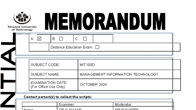 MIT105D Management Information Technology Distance Education Exam Memo ...