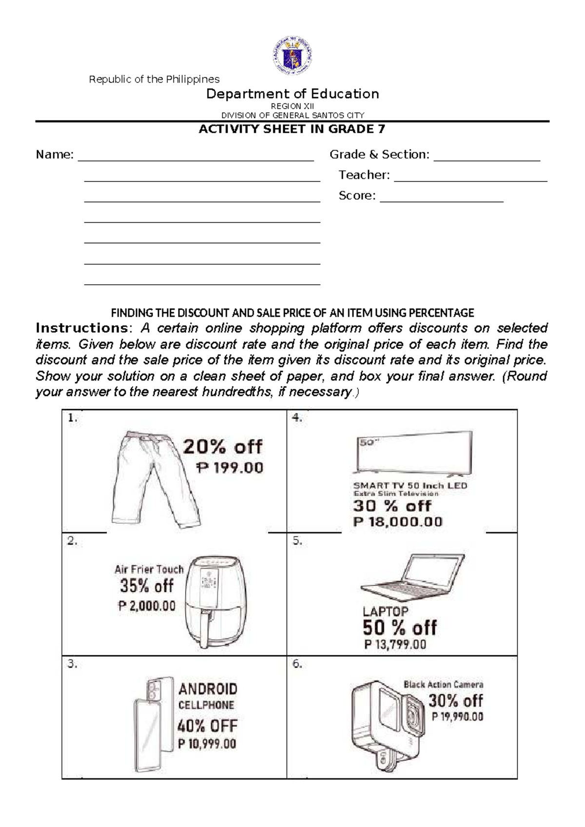 CO1 - Grade 7 Activity Sheet: Finding Discount & Sale Price - Studocu