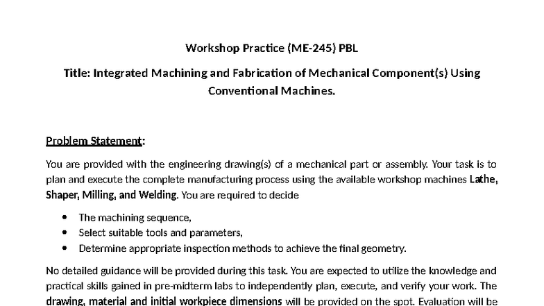 PBL Workshop: Integrated Machining & Fabrication of Mechanical Components - Studocu