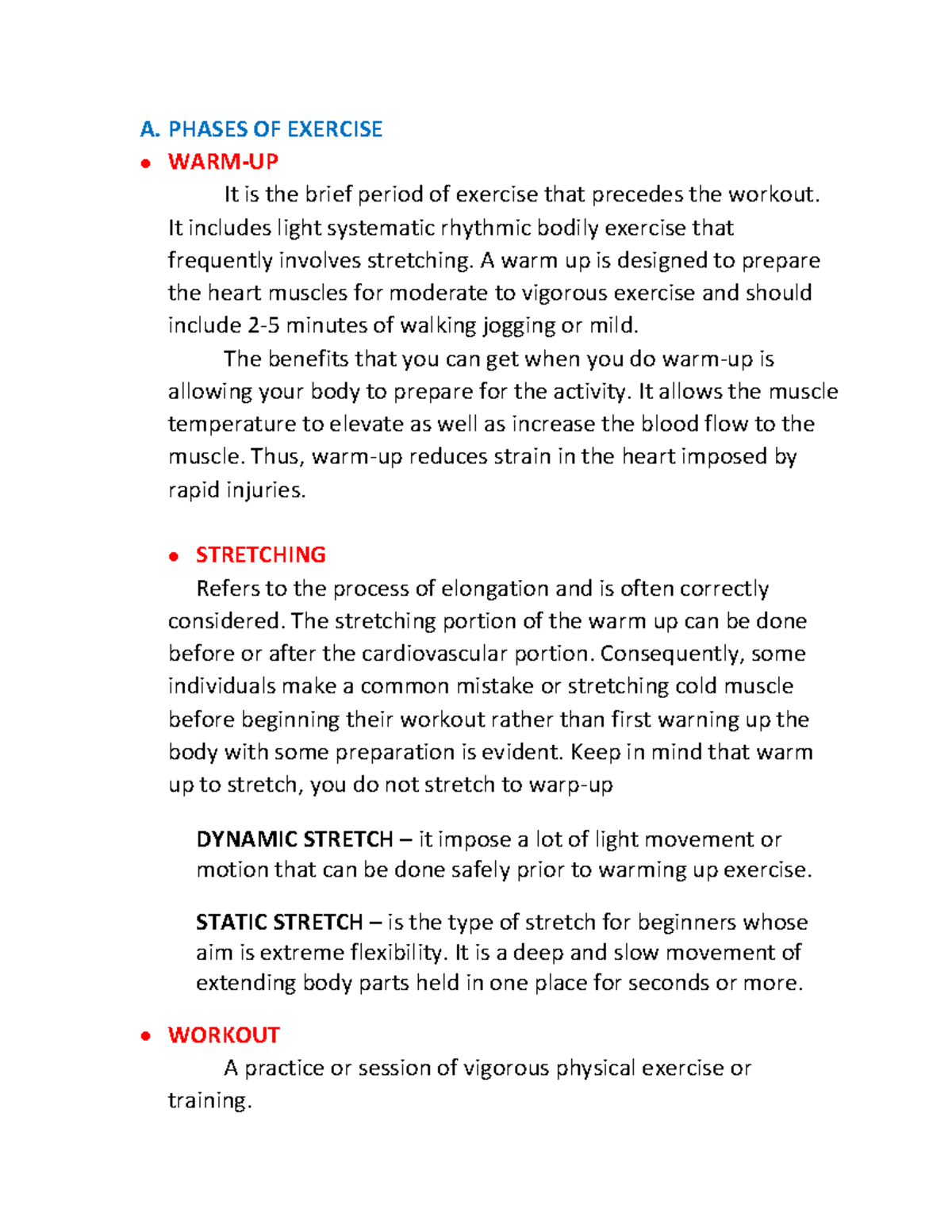 Exercise definitions - A. PHASES OF EXERCISE WARM-UP It is the brief ...