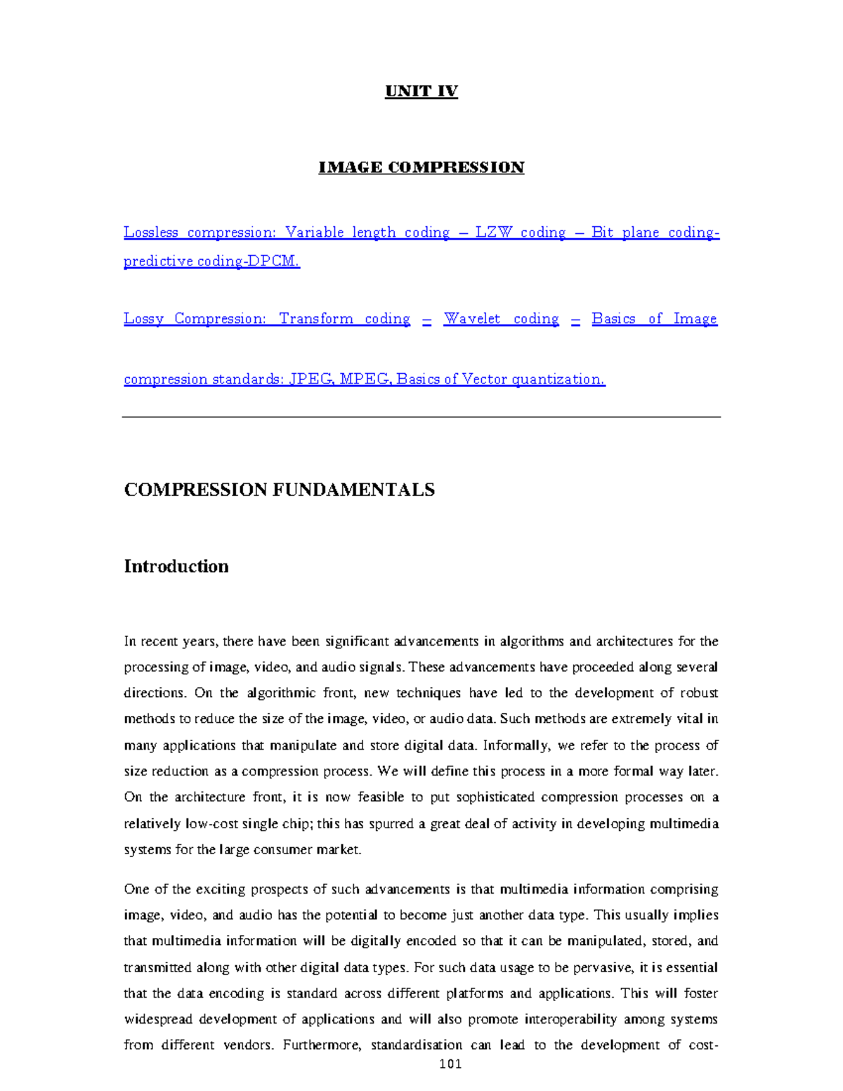 DIP - Image Compression Methods & Techniques (Unit IV Notes) - Studocu