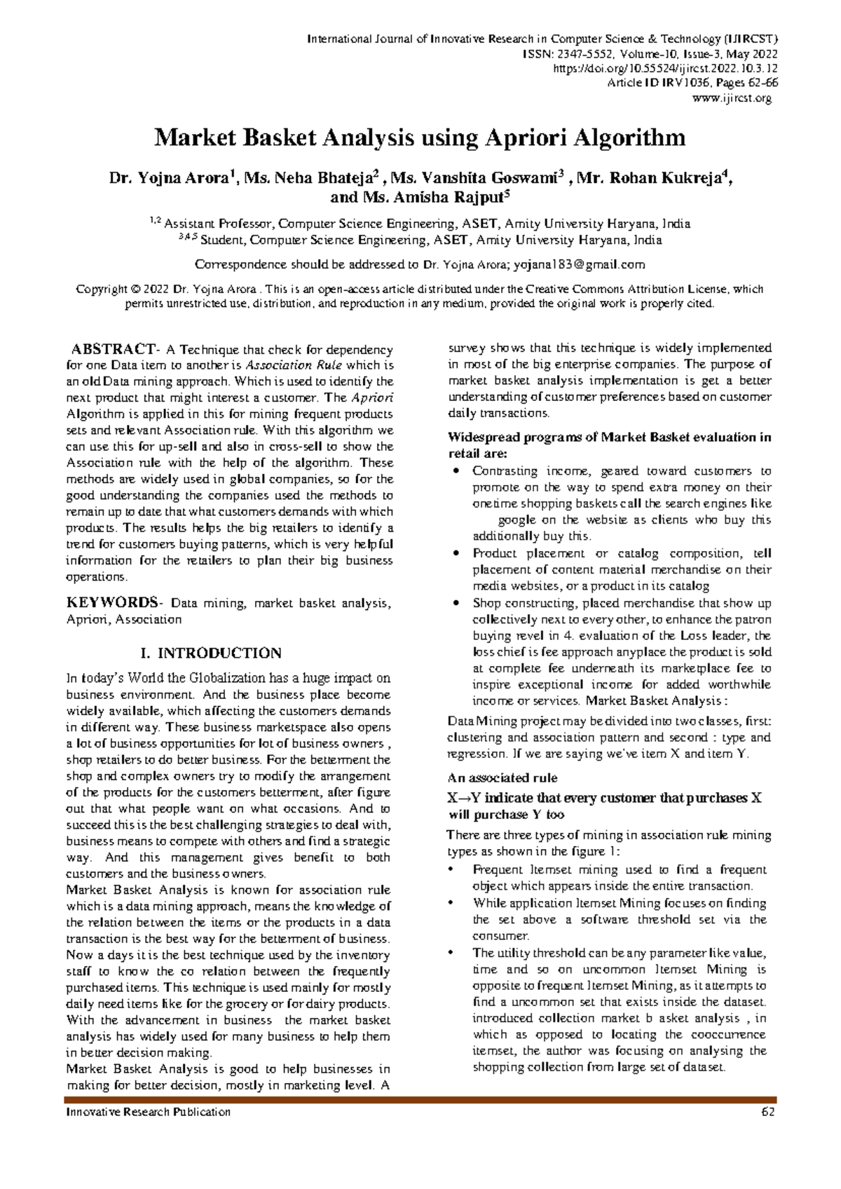 Market Basket Analysis Using Apriori Algorithm - IJIRCST May 2022 - Studocu
