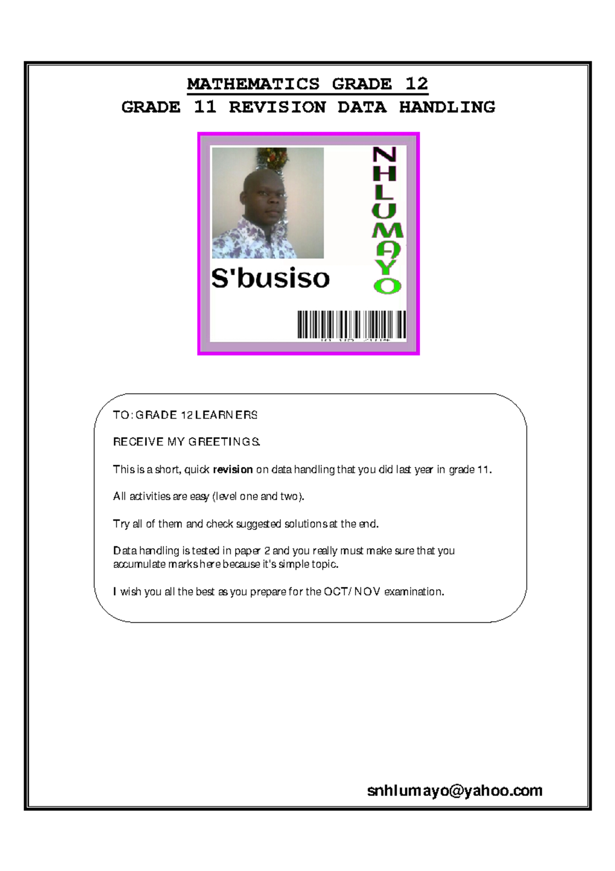 Grade 11 Data Handling Quick Revision Activities for Exams - Studocu