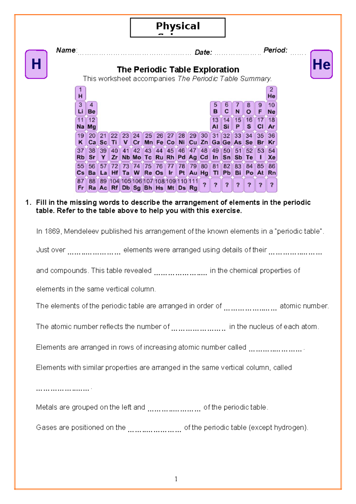 The Periodic Table Exploration - Science Name