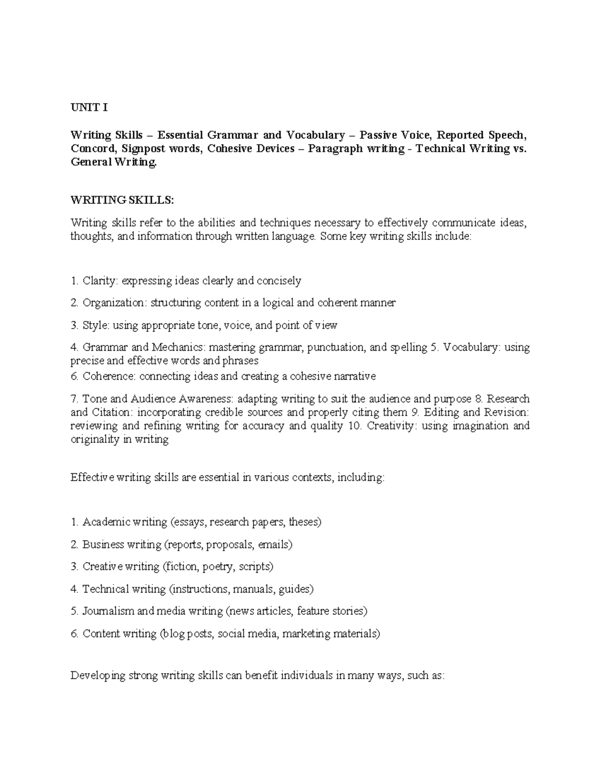 UNIT I - Writing Skills: Grammar, Vocabulary, and Techniques - Studocu