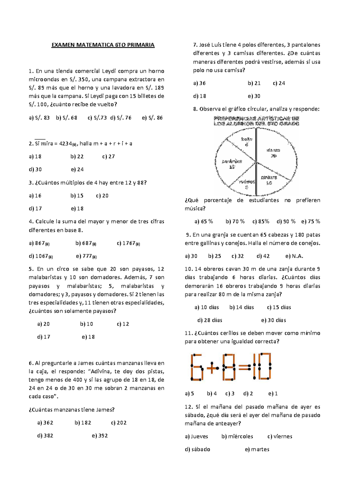 Examen de Matemática 6TO Primaria: Concurso y Preguntas de Prueba - Studocu