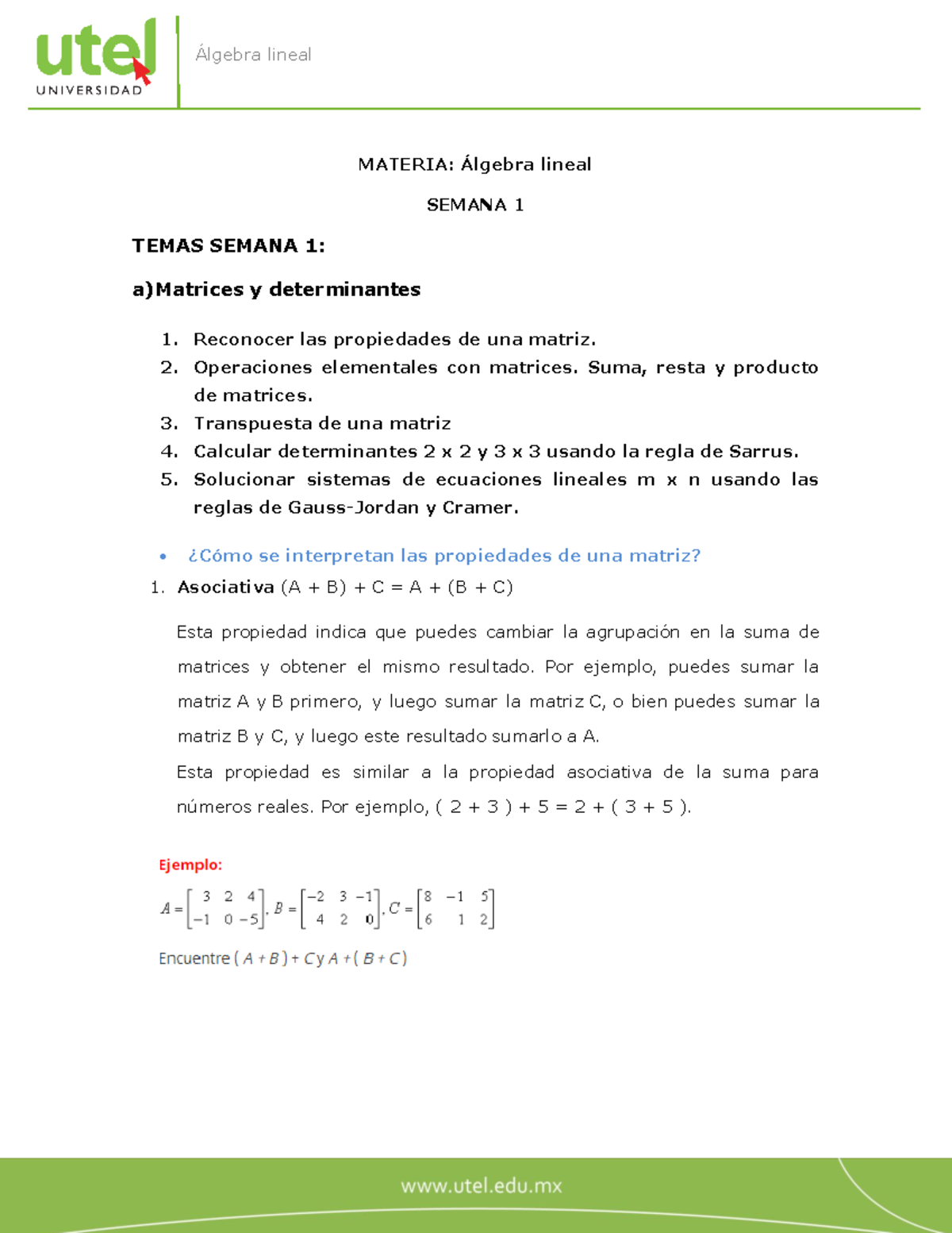 Título de Álgebra Lineal: Semana 1 - Matrices y Determinantes PF - Studocu
