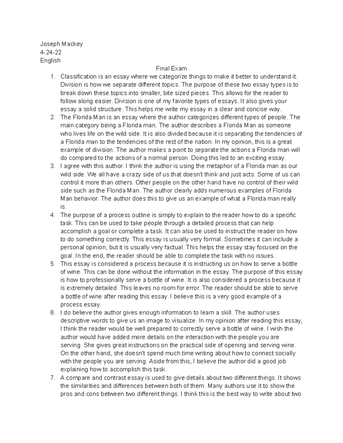 Final Exam Study Notes for ENC 1101: Essay Types & Analysis - Studocu