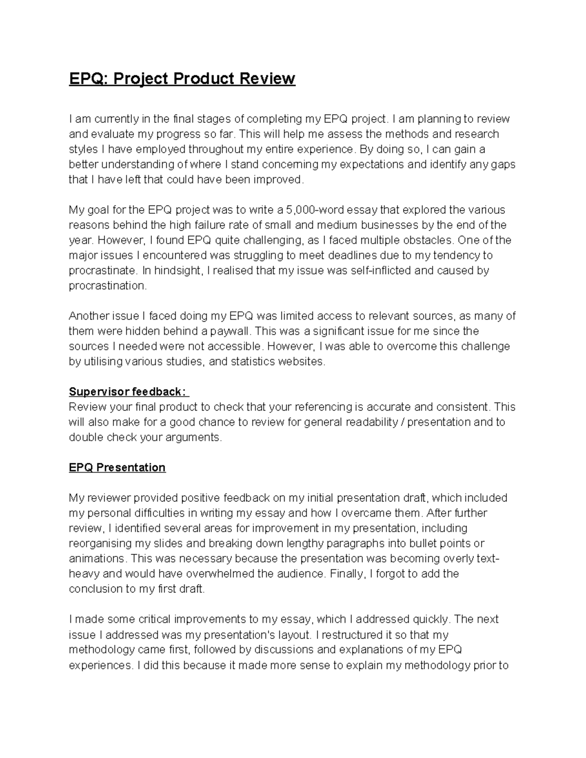 EPQ Project Product Review: Challenges, Progress, and Improvements ...