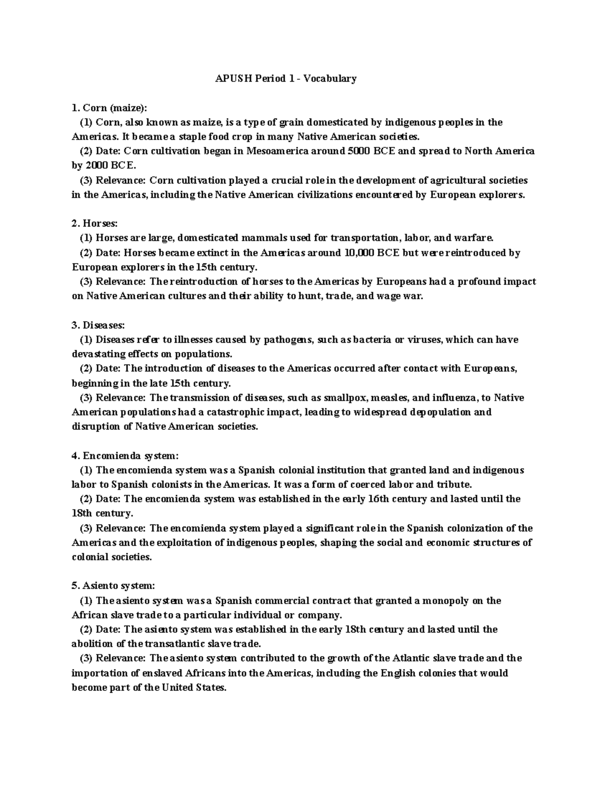 APUSH Unit 1 Vocabulary Assignment: Key Terms & Concepts - Studocu