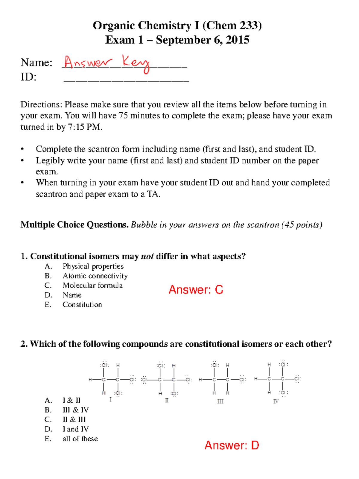 Chem 233 Exam 1 Answers - Organic Chemistry Practice Guide - Studocu