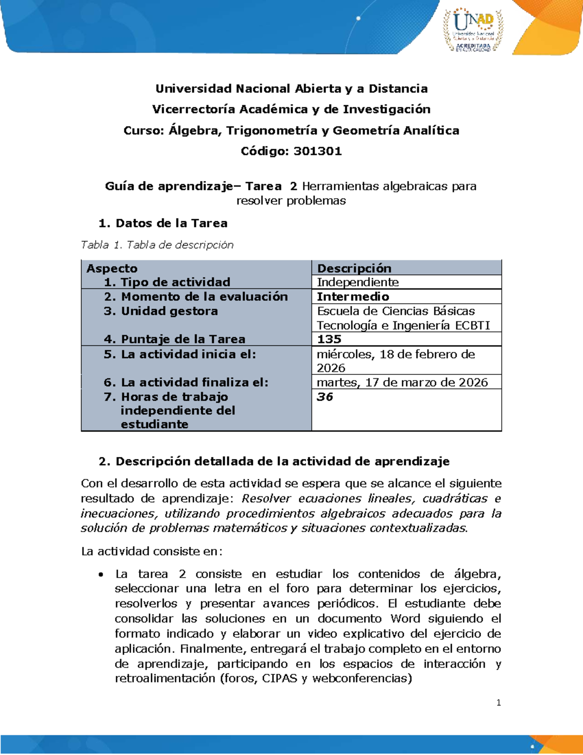 Guía de Tarea 2: Herramientas Algebraicas - Curso ATGA 2201 - Studocu