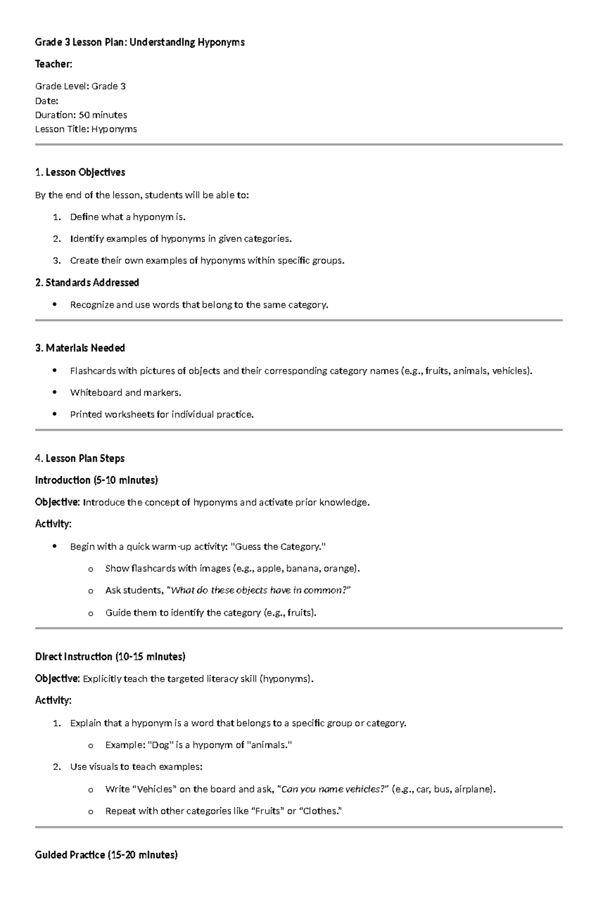 Grade 3 Lesson: Understanding Hyponyms & Their Applications - Studocu