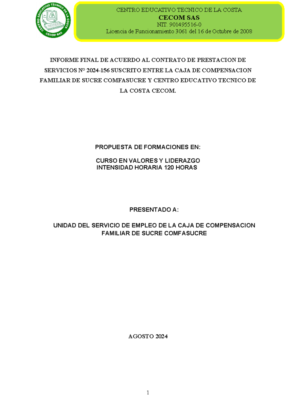 Informe Final: Curso en Valores y Liderazgo (2024-156) - Studocu