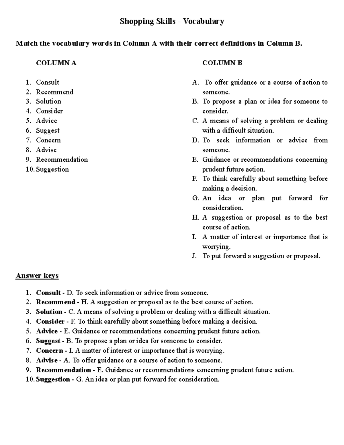 Shopping Skills: Vocabulary Worksheets & Scenario Cards (Advise) - Studocu