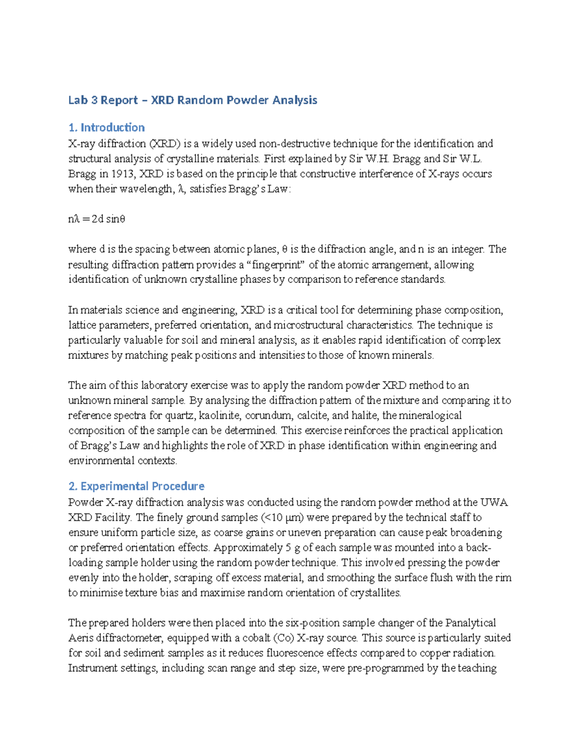 Lab 3 Report: XRD Analysis of Random Powder Samples in Engineering ...