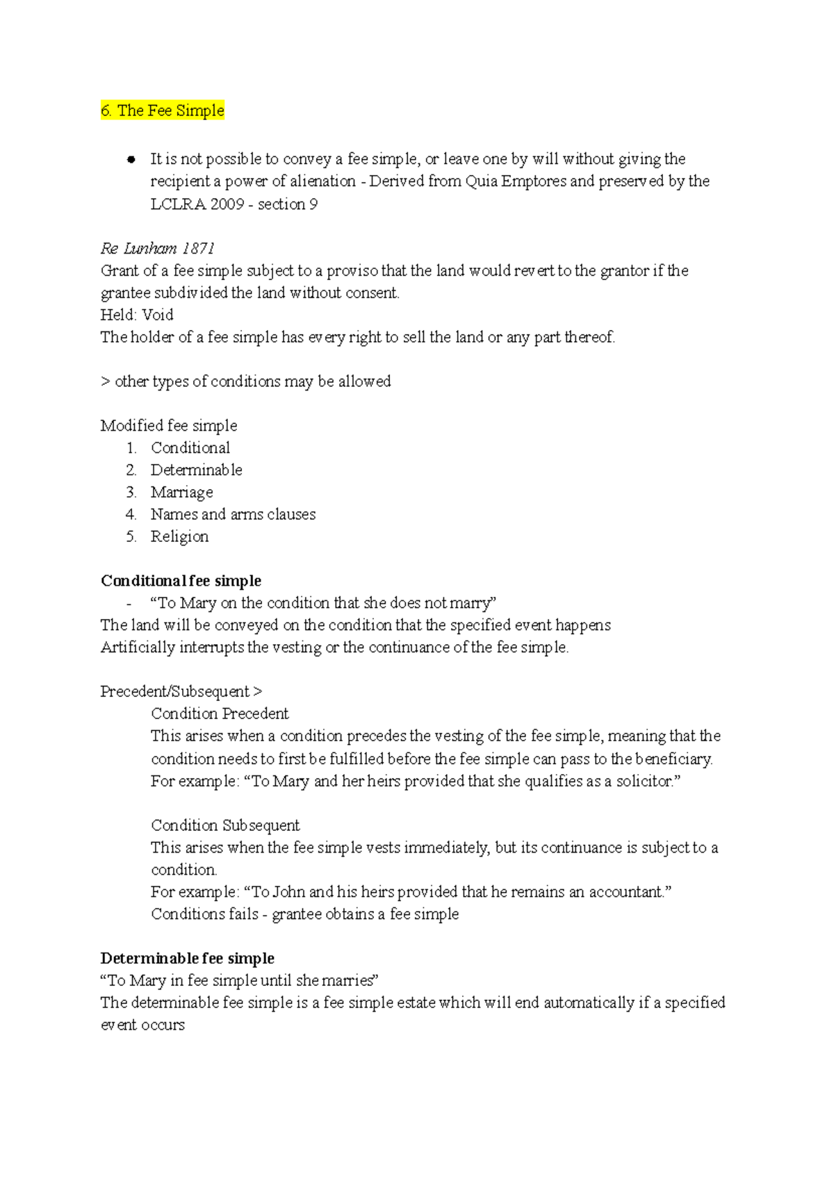 Topic 6 - The Fee Simple: Conditions, Rights, and Legal Implications ...