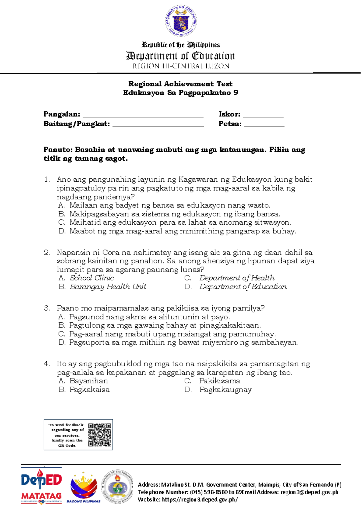 Regional Achievement Test in Es P 9 - Republic of the Philippines ...