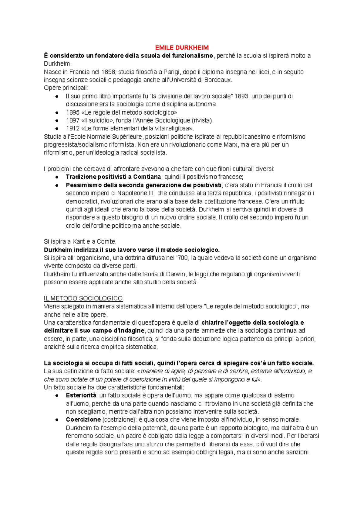 Lezione su Emile Durkheim e il Metodo Sociologico - Studocu