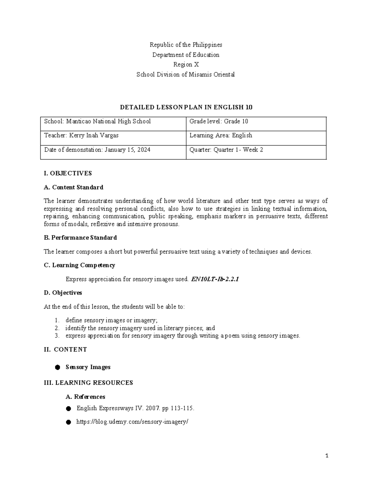 DLP - Detailed Lesson Plan for English 10 on Sensory Imagery - Studocu