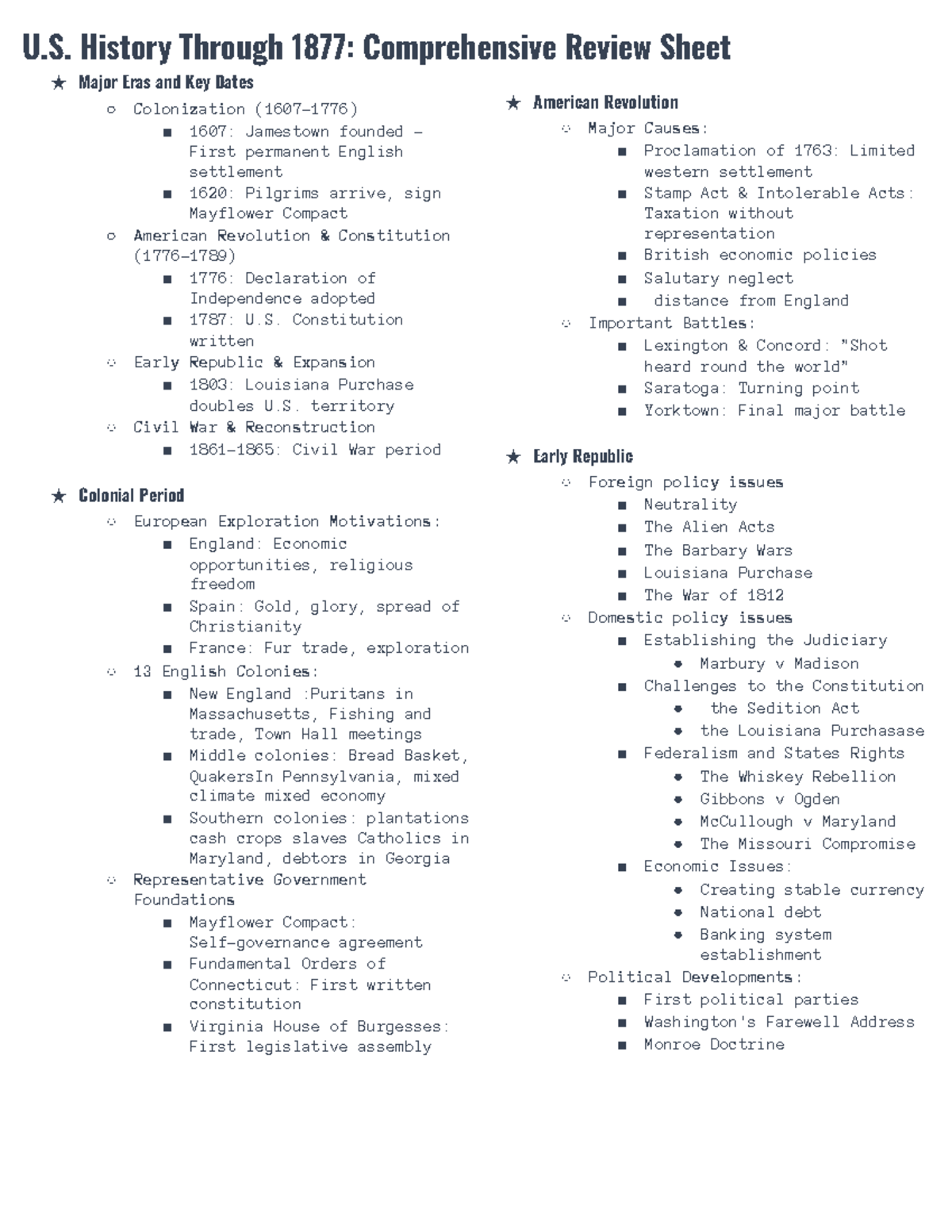U.S. History Through 1877: Detailed Review Sheet for Exams - U. History ...