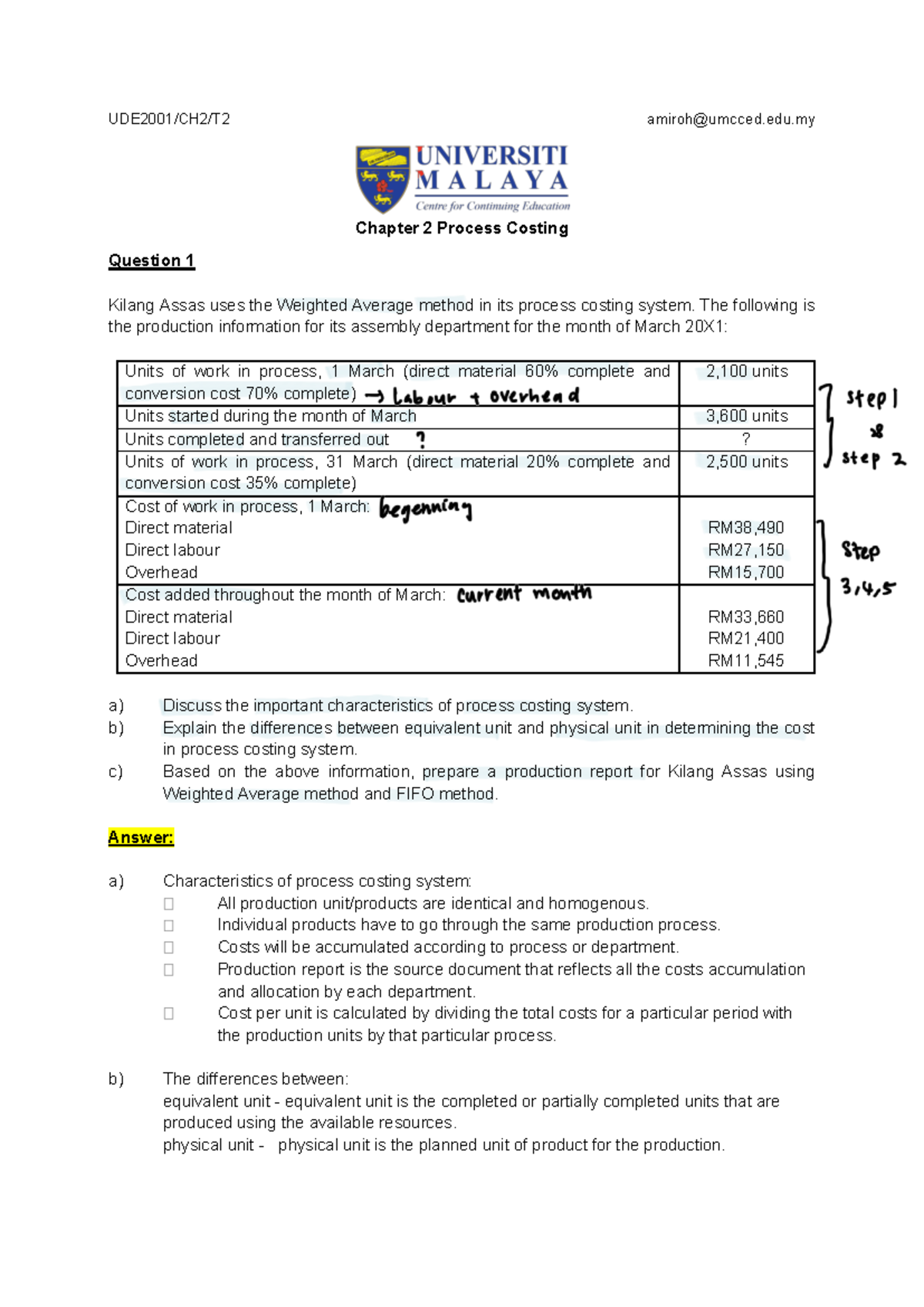 Tutorial process costing - Chapter 2 Process Costing Question 1 Kilang ...