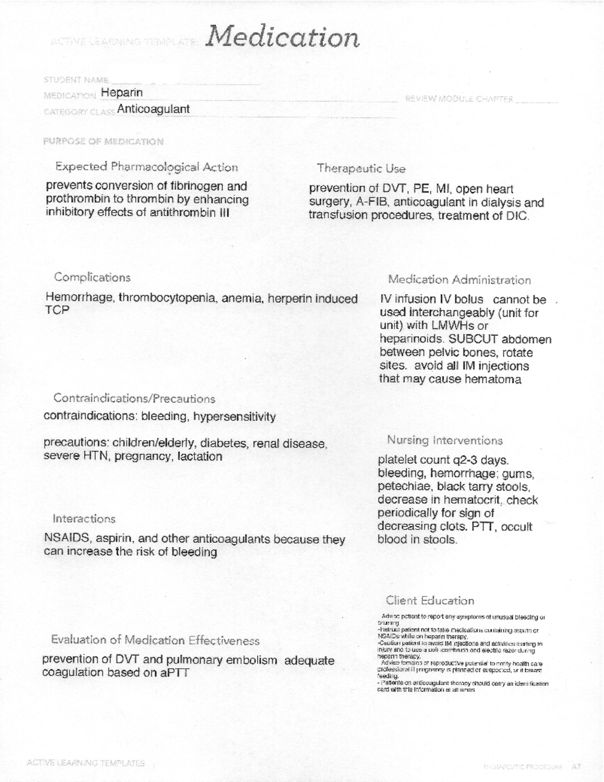 Heparin Ati medication template - Medication Heparin Anticoagulant ...