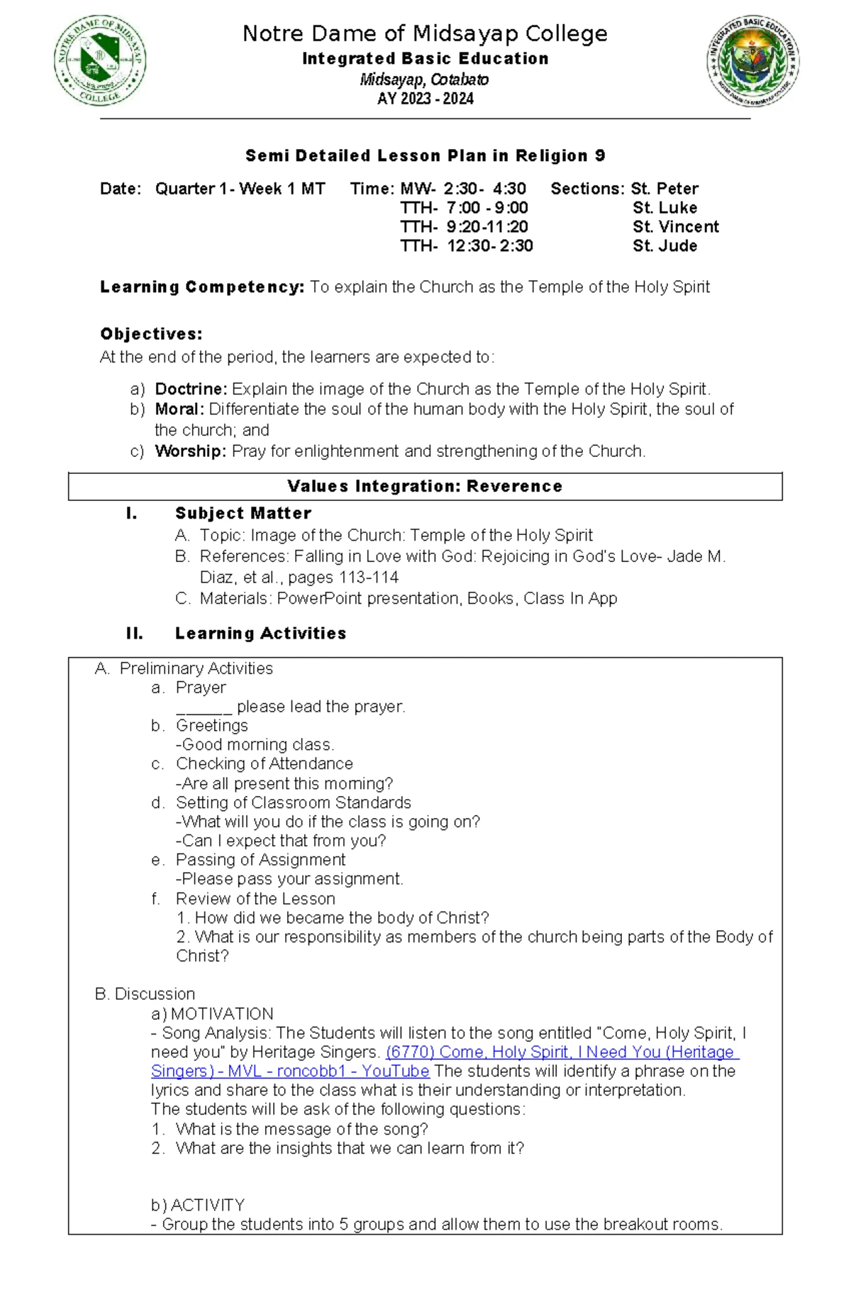 Semi-Detailed Lesson Plan in Religion 9: Scriptural Images of the ...