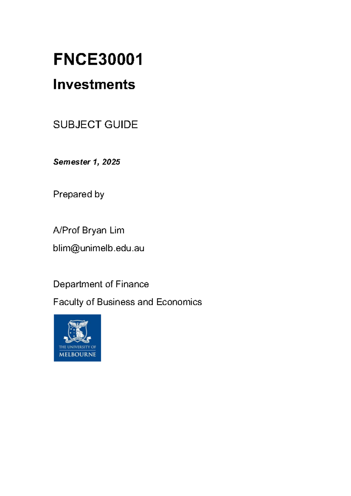 FNCE30001 Investments Subject Guide - Semester 1, 2025 - Studocu