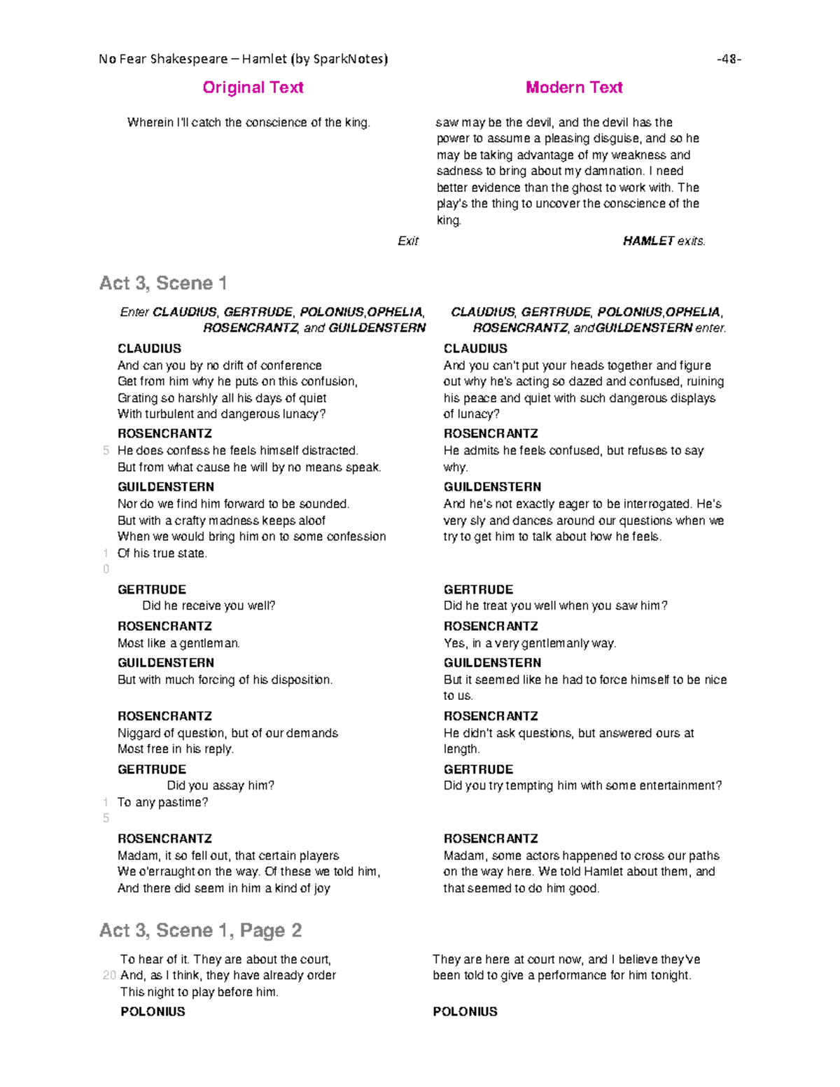 No Fear Shakespeare: Hamlet (ENG 101) Modern Text Adaptation & Key ...