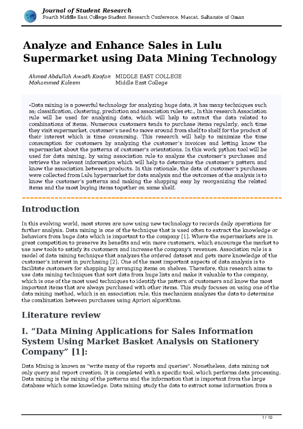 Data Mining Techniques for Sales Analysis in Lulu Supermarket (MEC ...