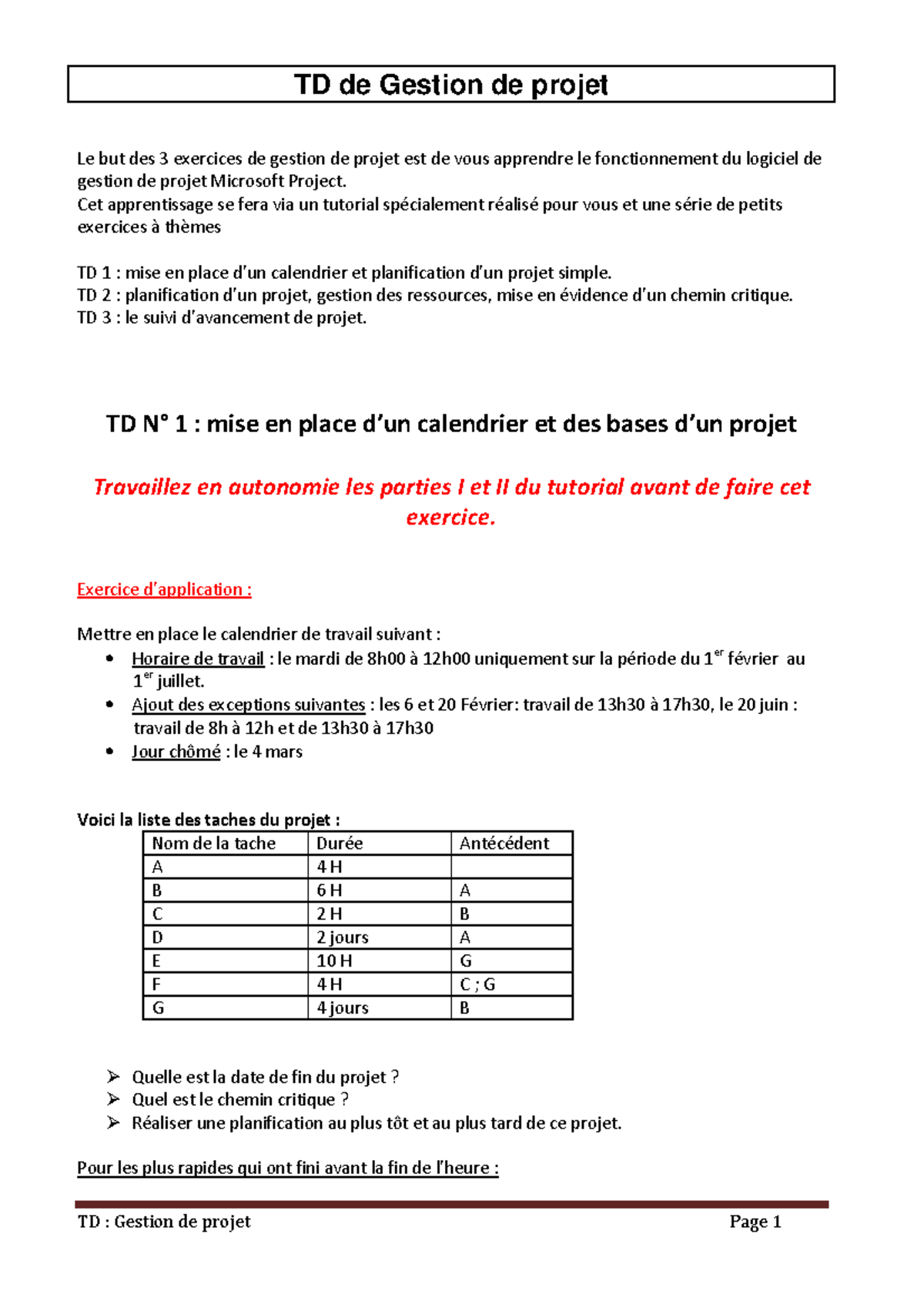TD de Gestion de Projet : Exercices Pratiques avec MS Project - Studocu