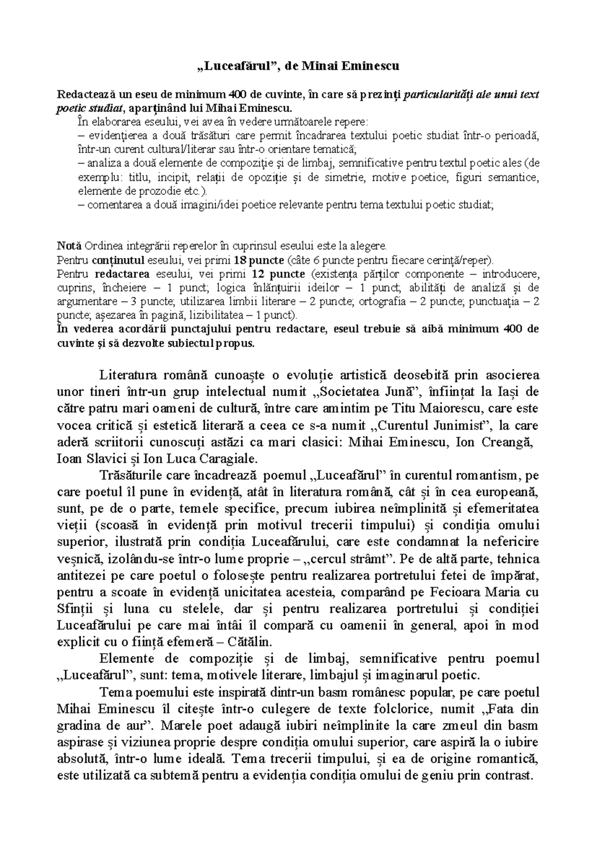 Eseu despre trăsăturile poemului „Luceafărul” de Mihai Eminescu - Studocu