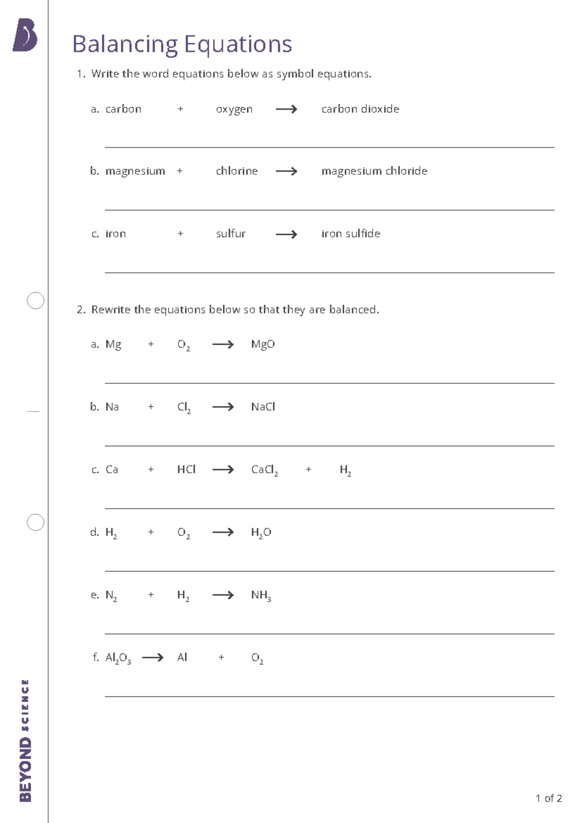 Balancing Word Equations Worksheet Untitled