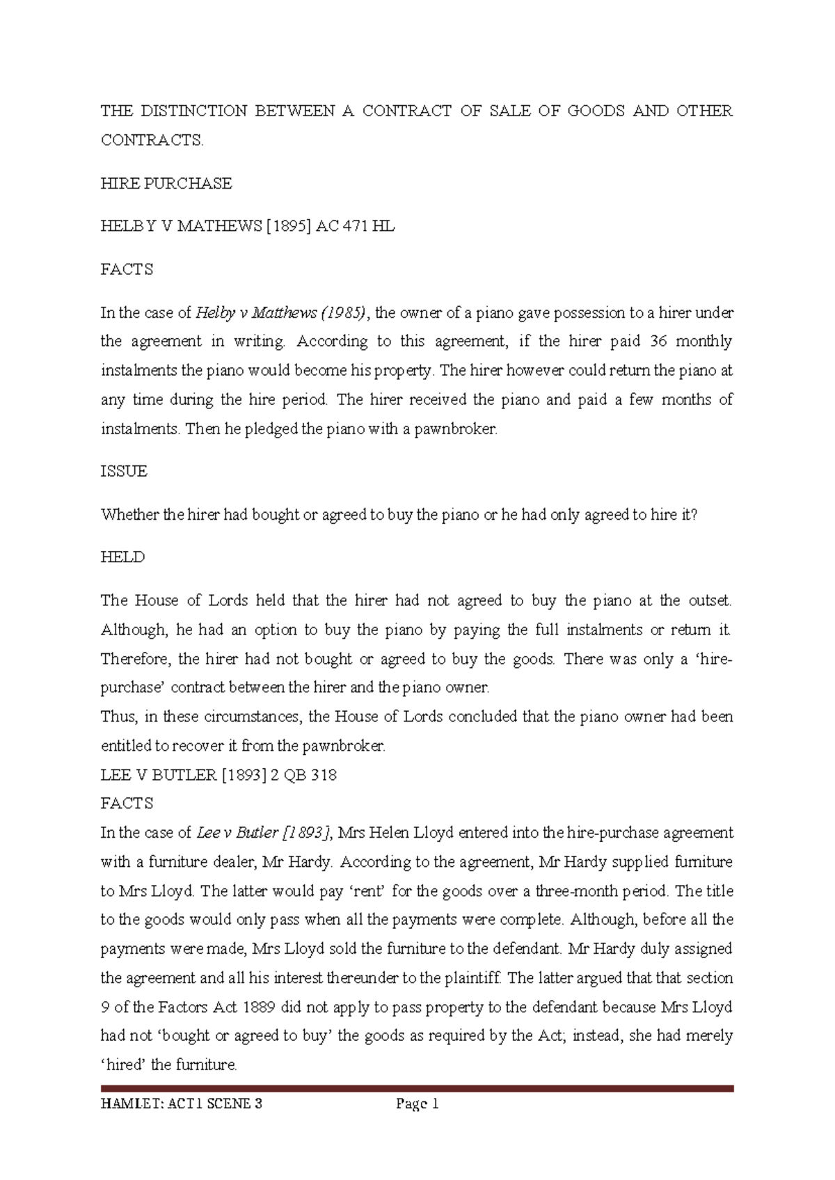 LAW OF SALE OF GOODS: CASE SUMMARIES AND ANALYSIS - Studocu