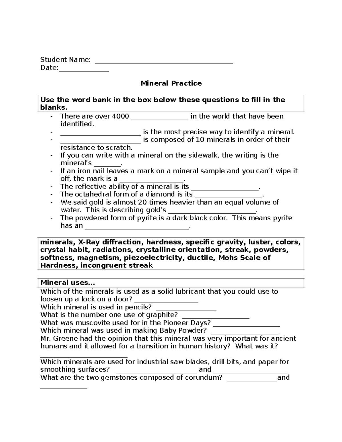 Mineral Practice Worksheet (Science 101) - Mohs Scale & Identification ...