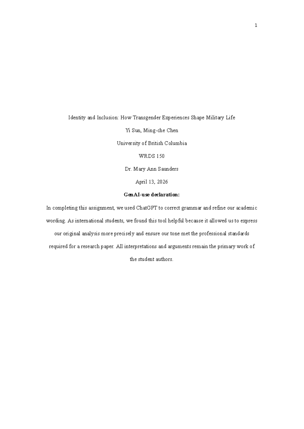 WRDS 150 Final Essay: Transgender Experiences in Military Life - Studocu