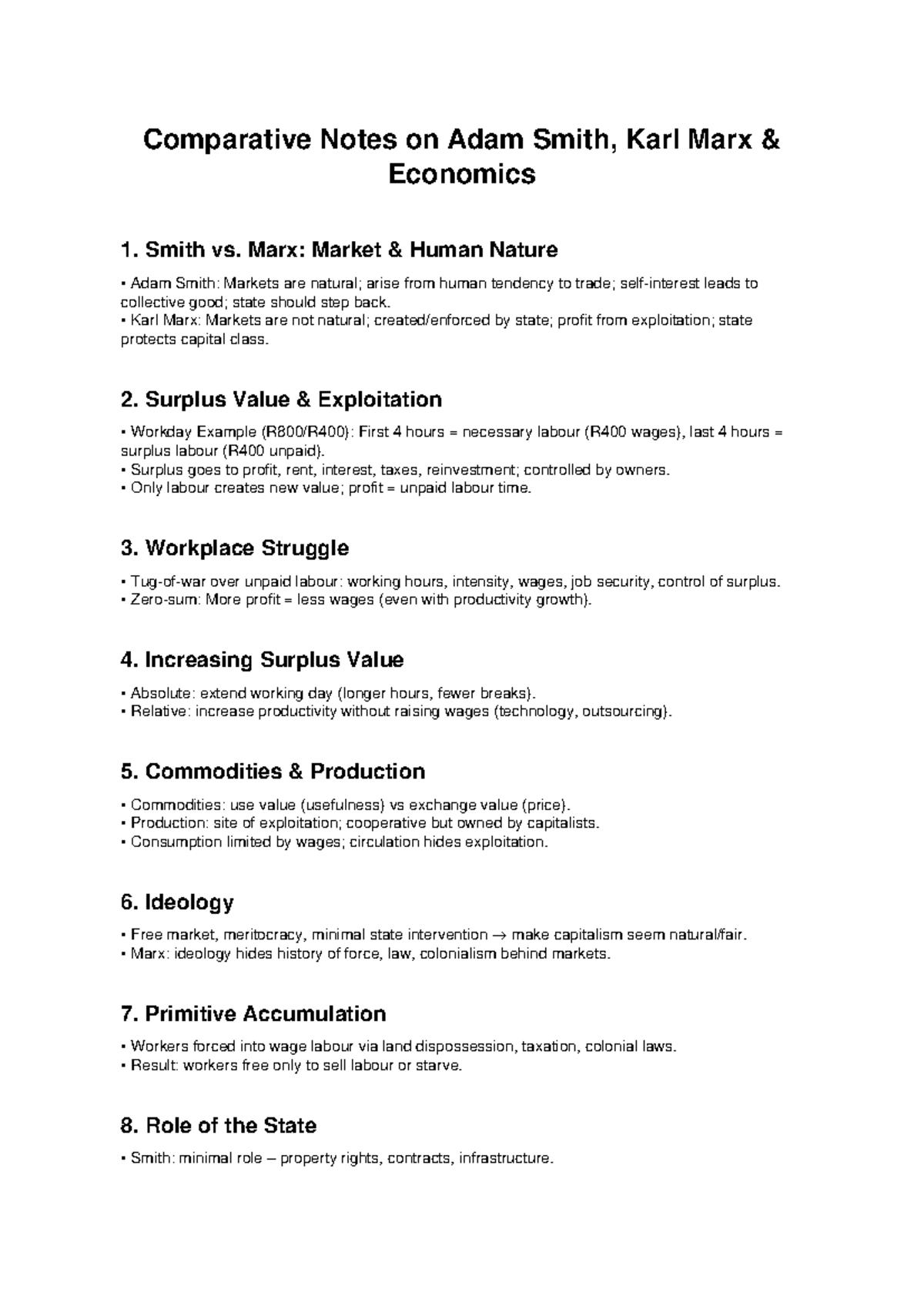 Comparative Notes on Smith & Marx: Economics 1 Analysis - Studocu