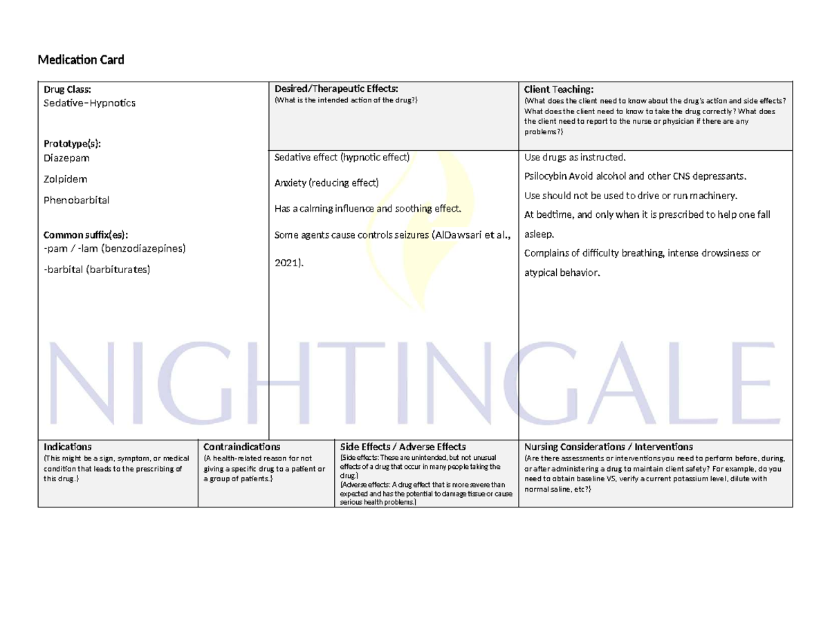 Medication Card - Drug Classes and Effects (SAA 101) - Studocu