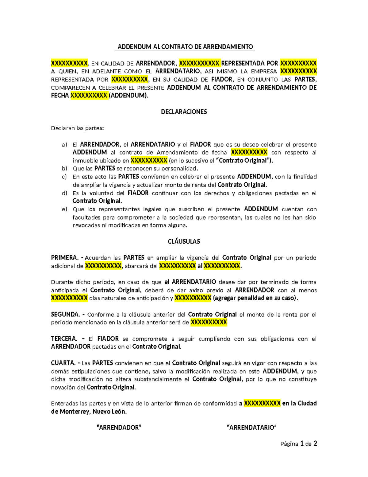 Adendum Formato - ADDENDUM AL CONTRATO DE ARRENDAMIENTO XXXXXXXXXX, EN ...